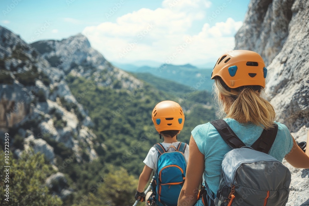Mother and child climb via ferrata beginner route for family travel ... Mother and child climb via ferrata beginner route for family travel ...