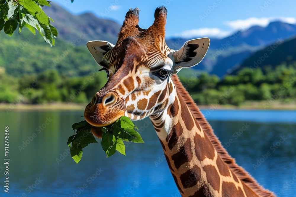 Hyper-realistic image of a giraffe eating leaves from a tree, with ...