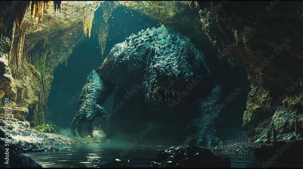A monstrous creature emerges from the depths of a dark cave, shrouded ...