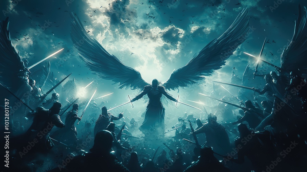 A vibrant illustration of a powerful angel leading a celestial army ...