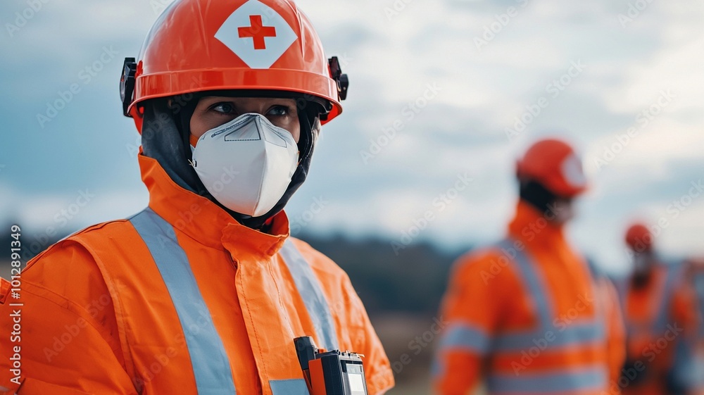 Emergency personnel in bright orange uniforms and helmets respond to ...