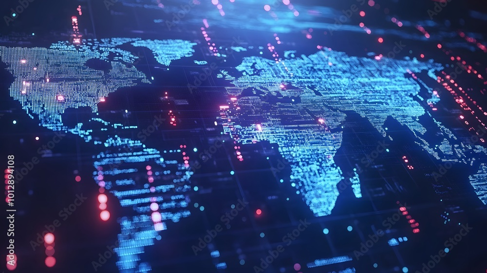 ภาพถ่าย Stock Abstract digital world map, concept of global network and connectivity, featuring ...