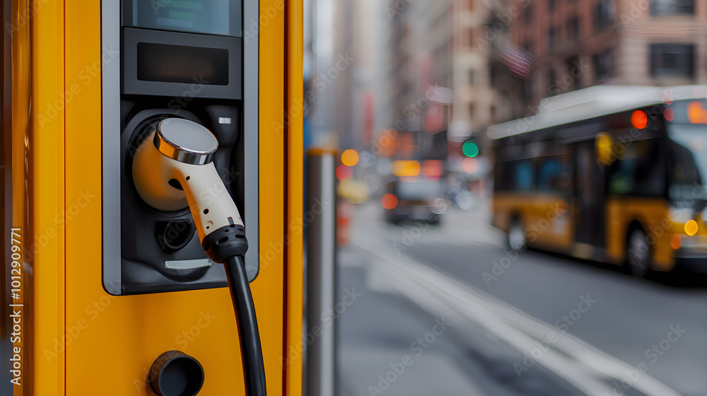 Urban electric bus charging station, bustling city center, modern ...