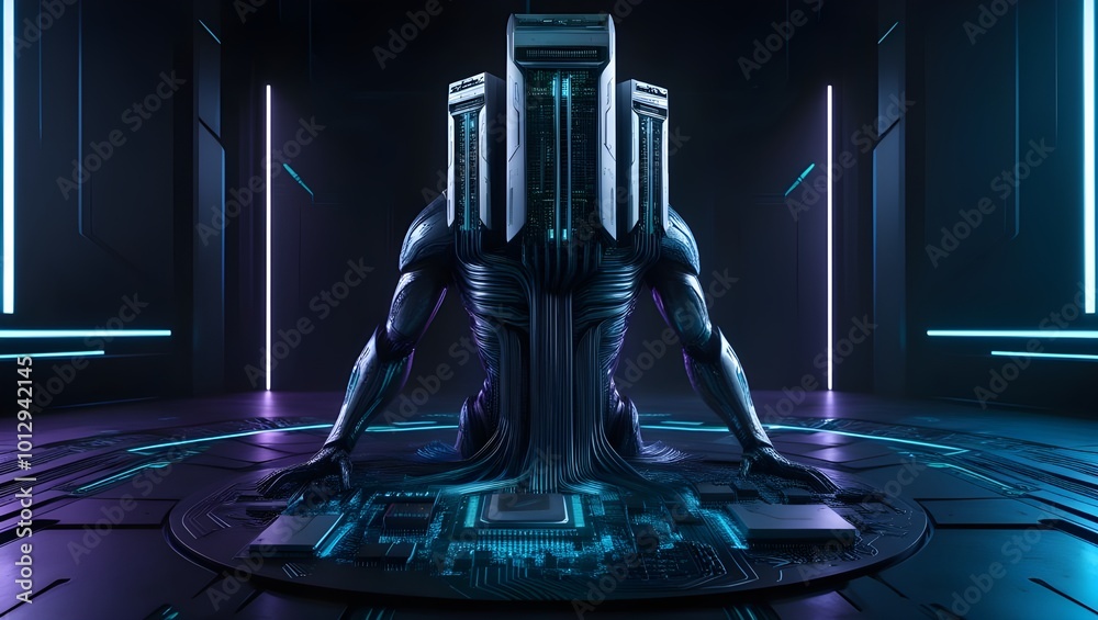 An animated cyberpunk AI in 3D. circuit diagram. Background in ...