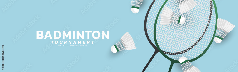 Badminton banner background with racket and white badminton shuttlecock ...