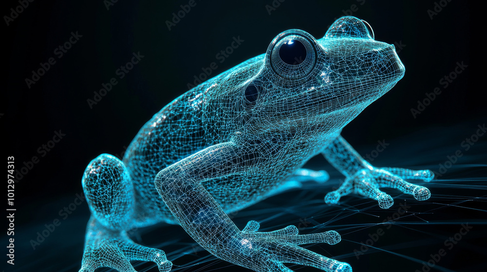 This 3D rendering features a stunning frog depicted in a hologram ...