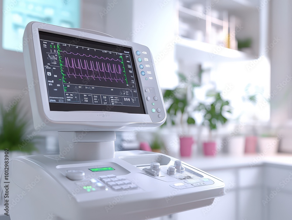 A modern medical monitor displaying vital signs in a bright, well-lit ...