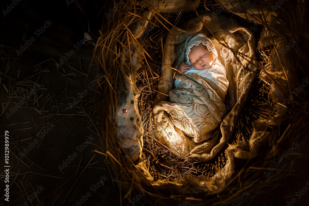 Newborn Jesus Radiating Light from Cradle in Nativity Scene Symbolizing ...