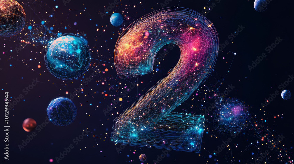 A number "2" made from stars, planets, and lines, like a galaxy in ...
