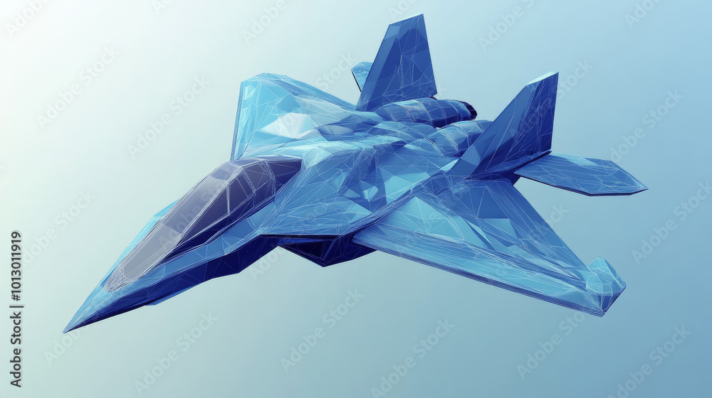 A blue fighter jet is shown in flight, made up of simple geometric ...