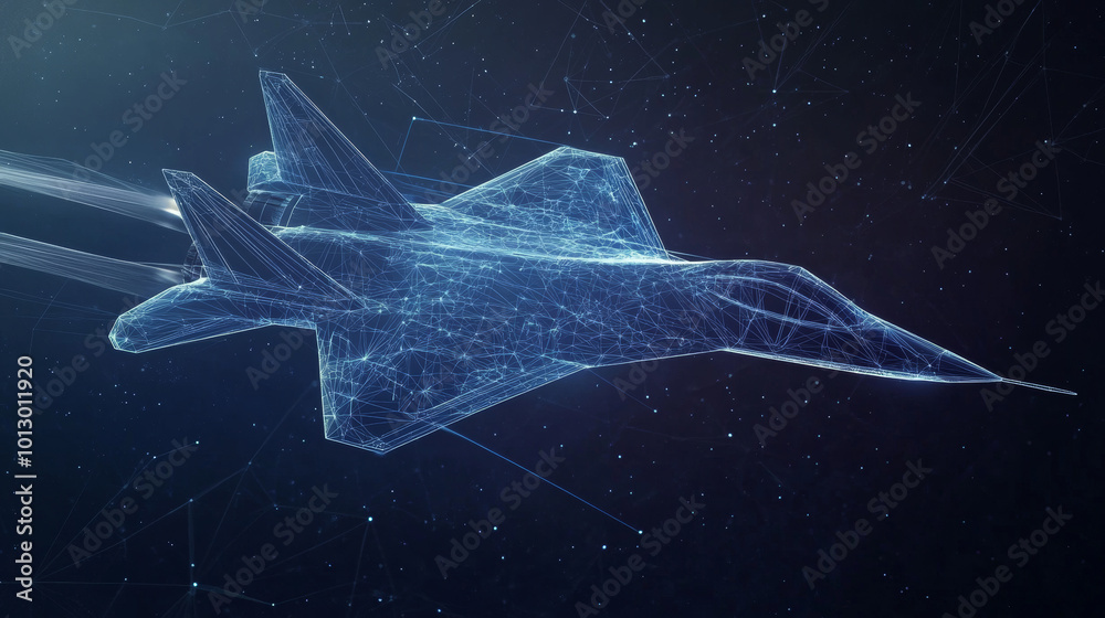 A blue fighter jet is shown in flight, made up of simple geometric ...