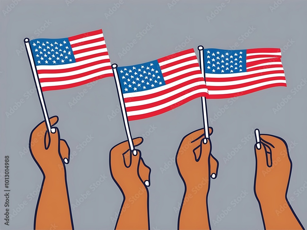 illustration of three hands waving small American flags. The hands are ...