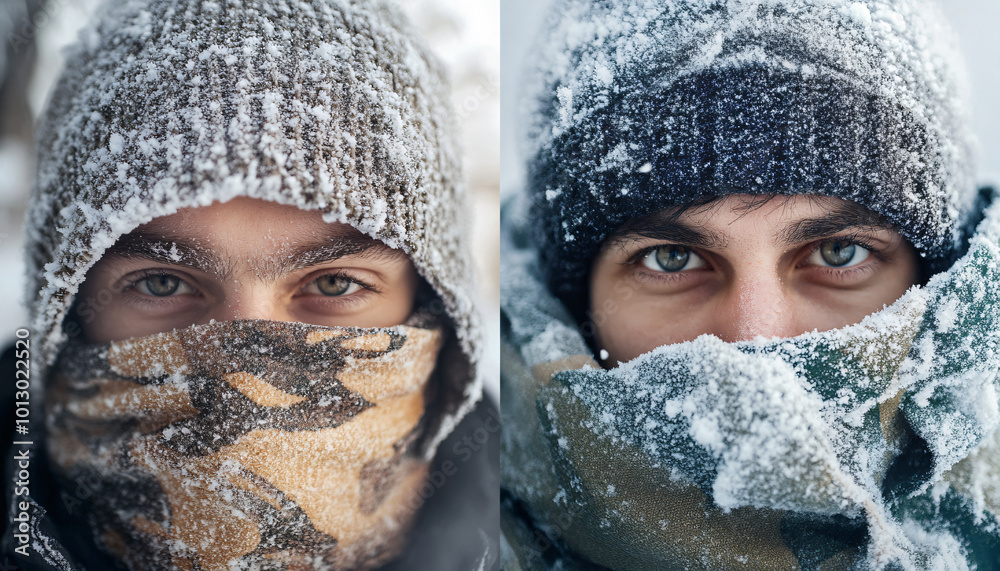Capture people bundled up in heavy winter clothes in a snowy ...