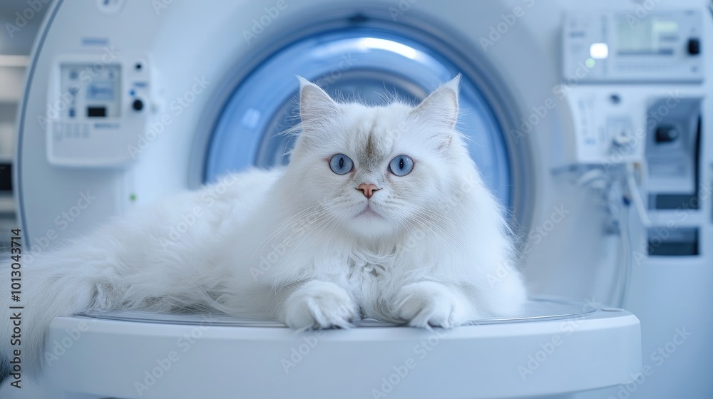 A white Persian cat lies on a CT scan table in a veterinary clinic ...