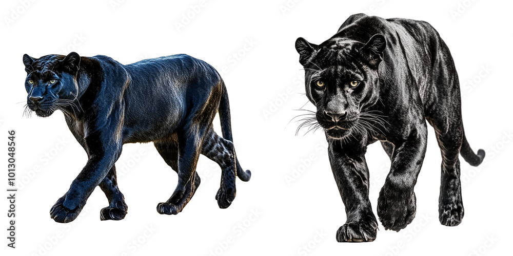 collection Set of A Black panther walking, full body on a transparent ...