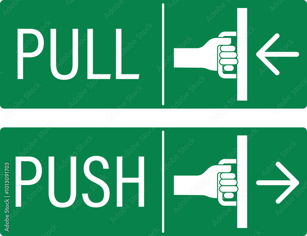 Isolated green push pull door enter and exit door, gate label sign with ...