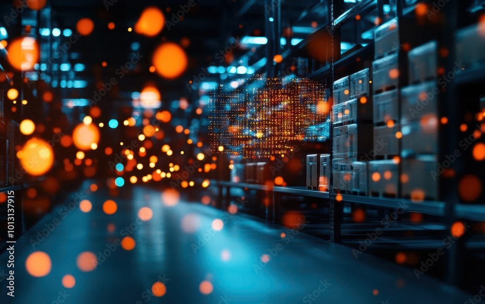 Advanced AI system analyzing products in a digitalized warehouse, with ...