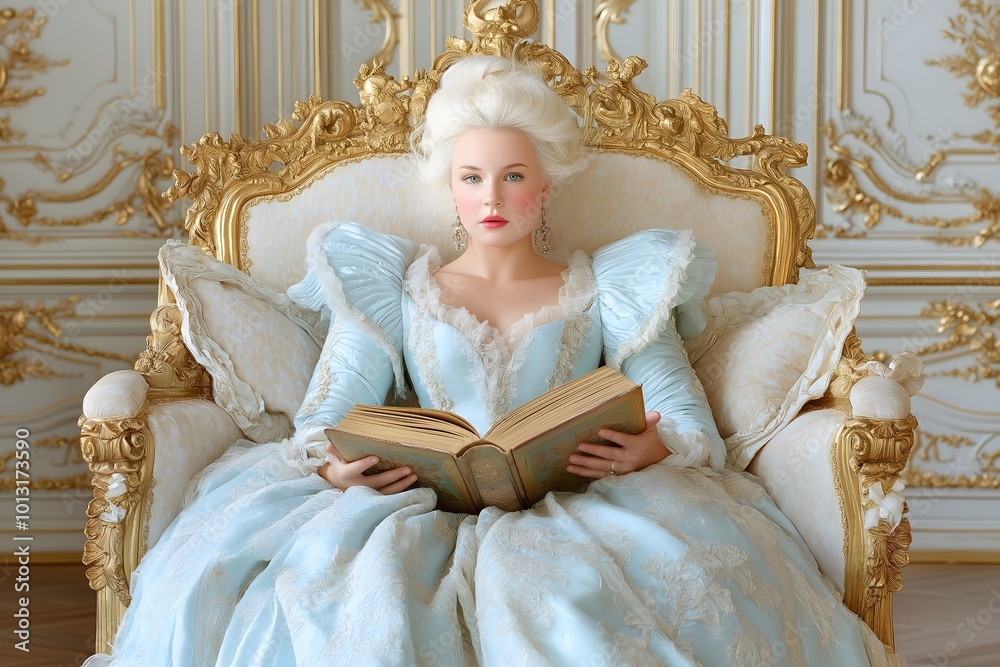 Marie Antoinette style rococo woman reading a book sitting on an ornate ...