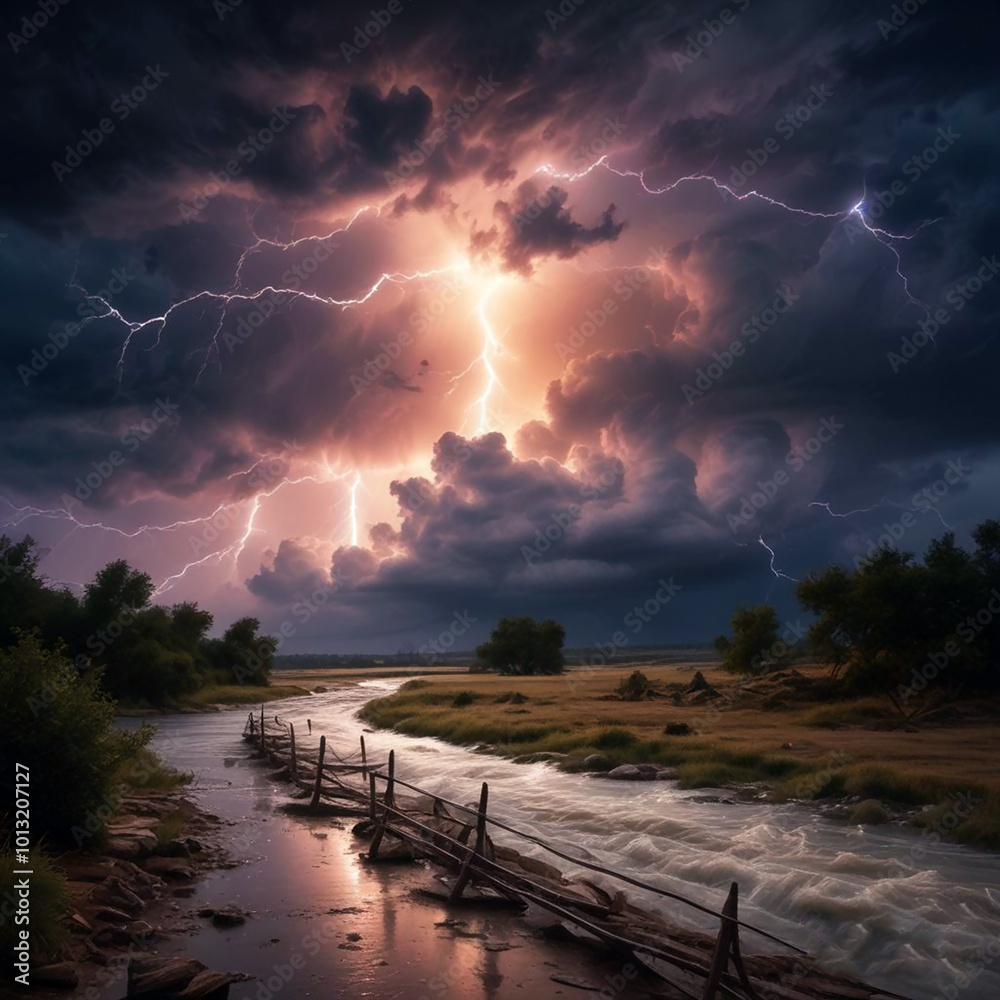 Landscape photography of natural disaster, storm with lightning and ...