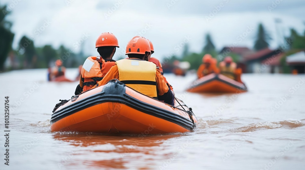 Rescue boats evacuating people from flooded neighborhoods, Flood ...