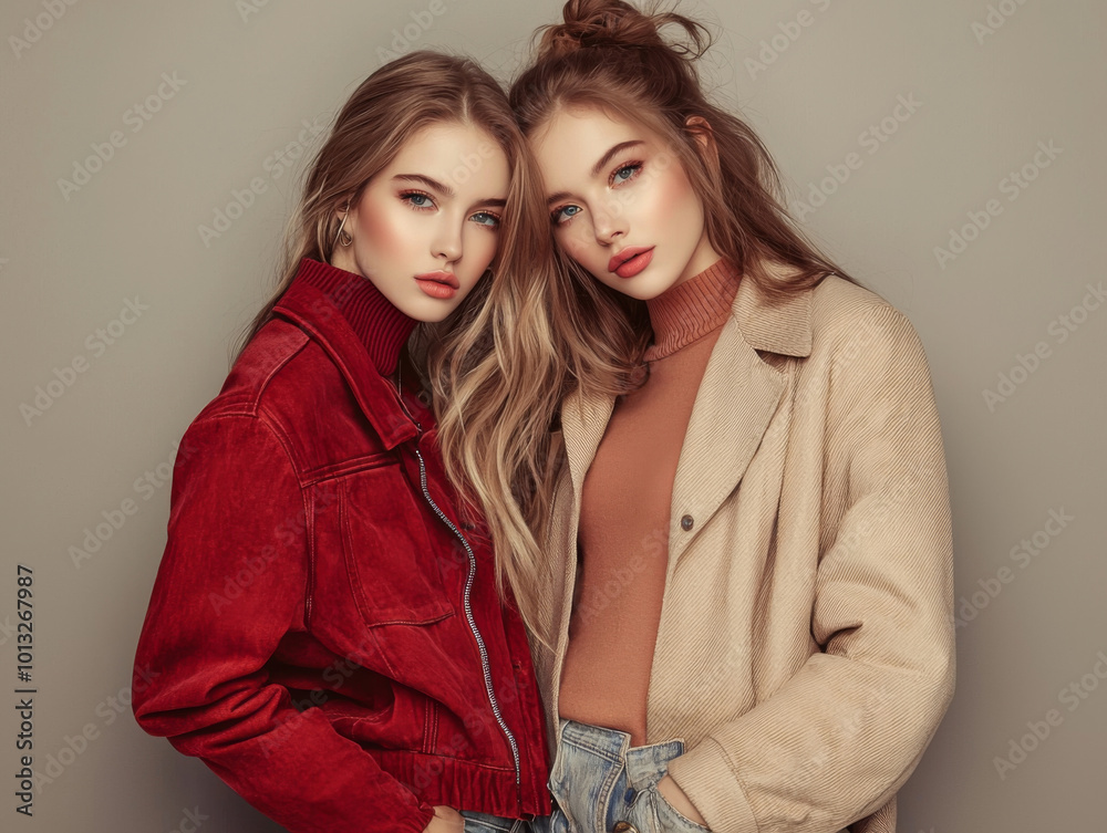 Two women are posing for a photo wearing red and tan jackets Stock ...