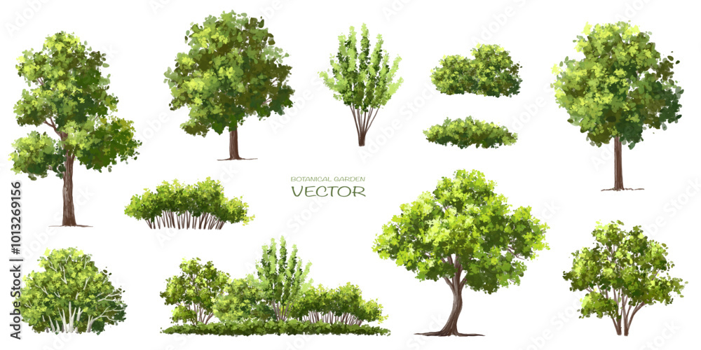 Vector watercolor green tree or forest side view isolated on white ...