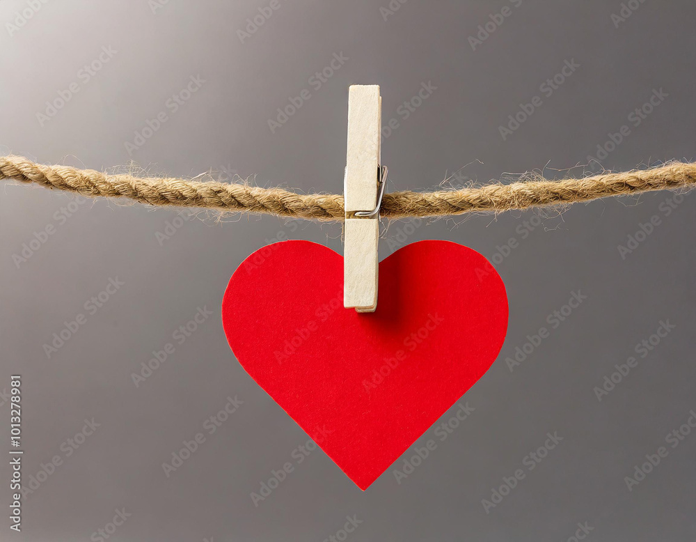 Corazon de papel rojo colgado de una cuerda con una pinza para felicitacion de San Valentin ...