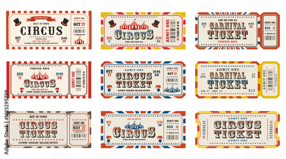 Vector set of retro circus and carnival ticket templates. Admit one ...