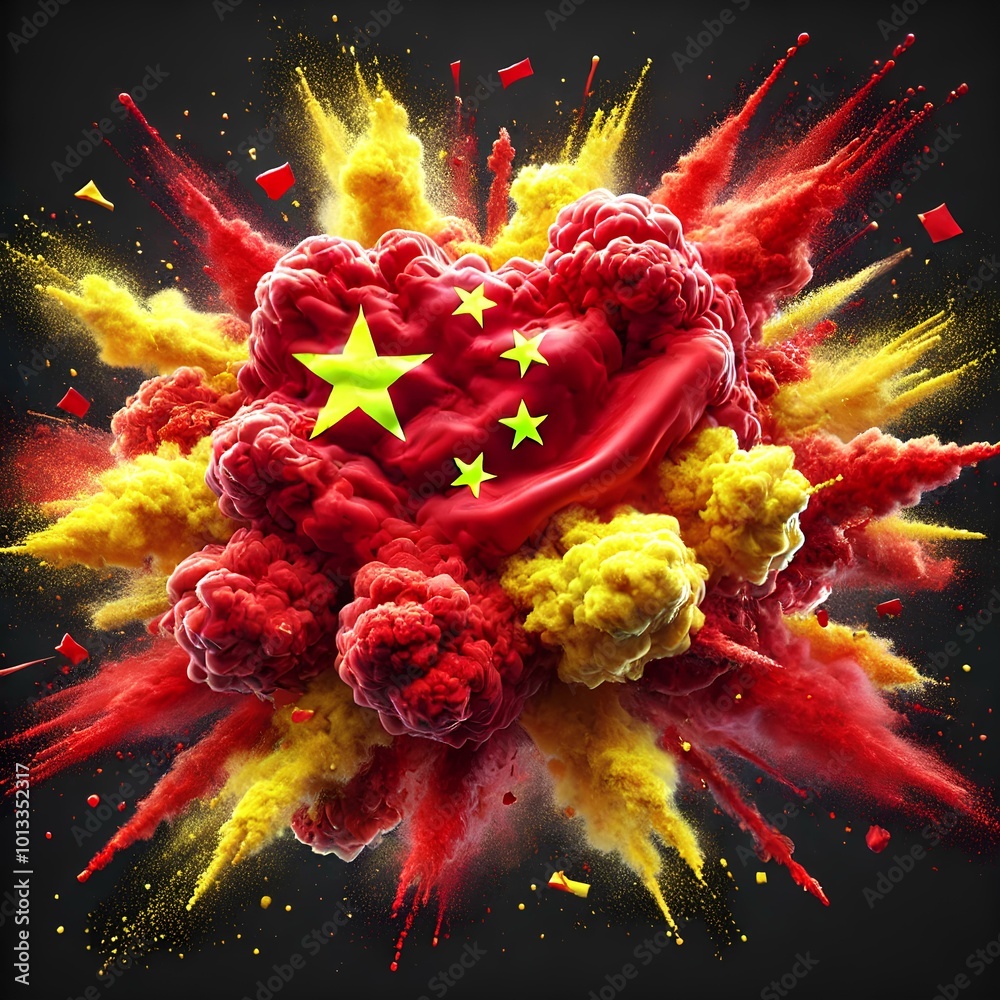 The Chinese flag explodes in vibrant clouds of red and yellow powder ...