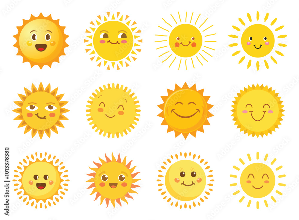 Funny sun with face icon set in flat style. Summer sunshine emoji ...