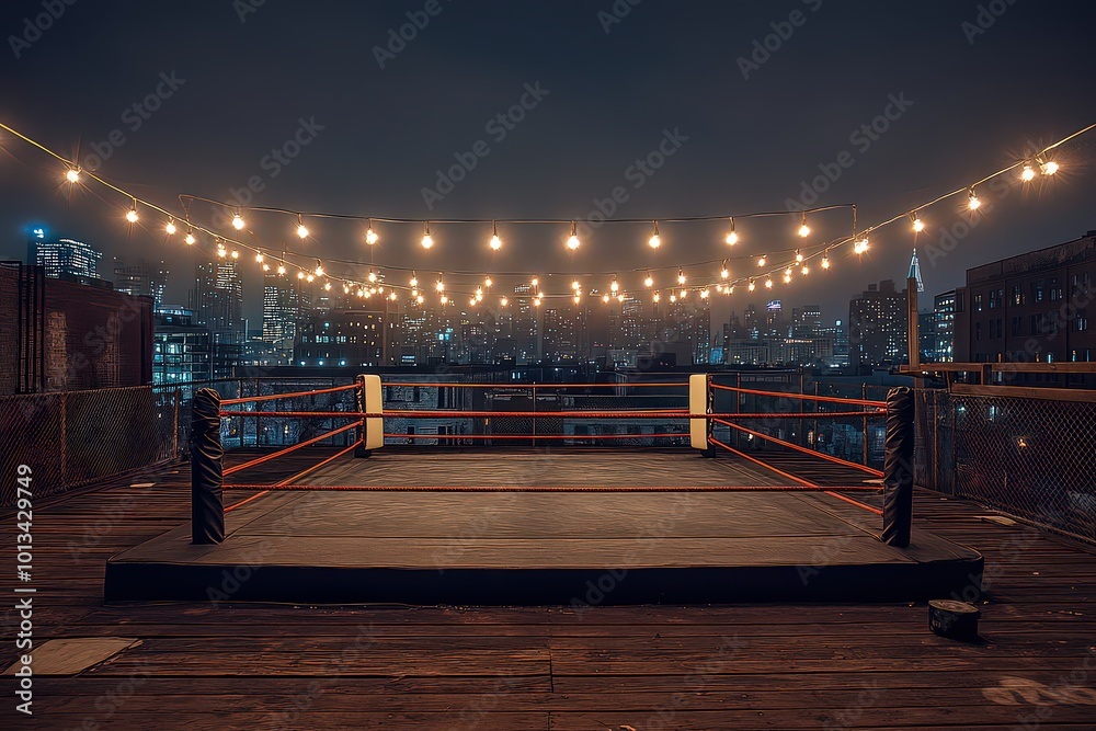 boxing ring on rooftop with city skyline under nighttime setting shows ...