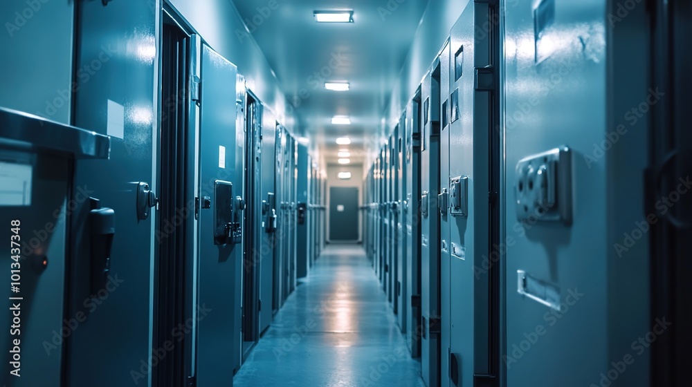 Interior of a prison corridor with rows of cells and locked doors ...