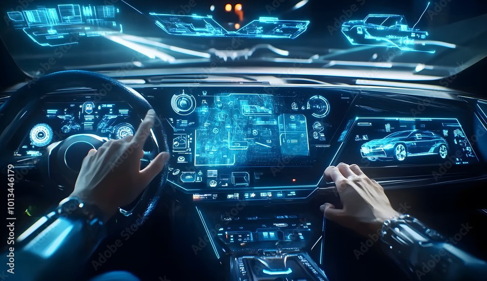 Futuristic Intelligent Car with Graphical User Interface at Night Heads ...