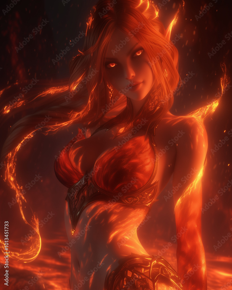 seductive fire genasi in molten armor stands among flames, her hair like waves of fire, eyes ...