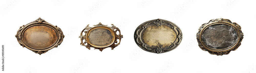 Empty oval frame with a worn gold finish, suitable for adding your own ...