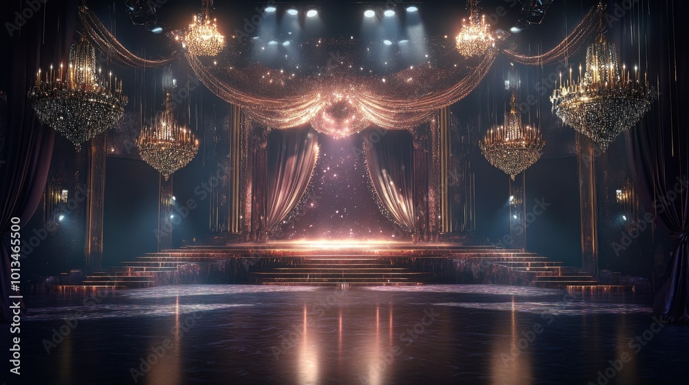 An elegantly lit beauty pageant stage with sparkling lights, radiating ...