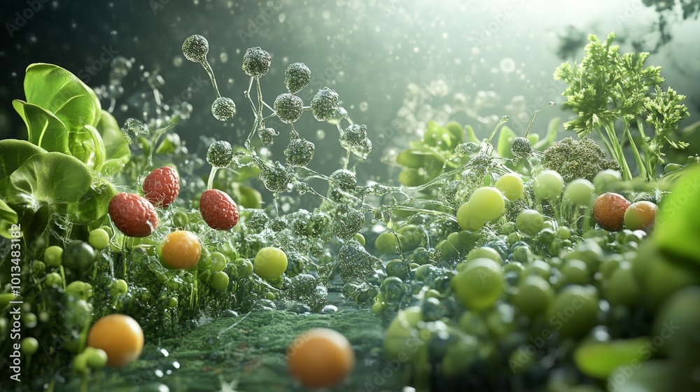 3D Illustration of Nutrient Molecules Surrounded by Fresh Produce ...
