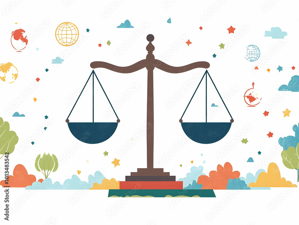 Flat Border Frame with Floating Scales of Justice & Globe - Symbolizing ...