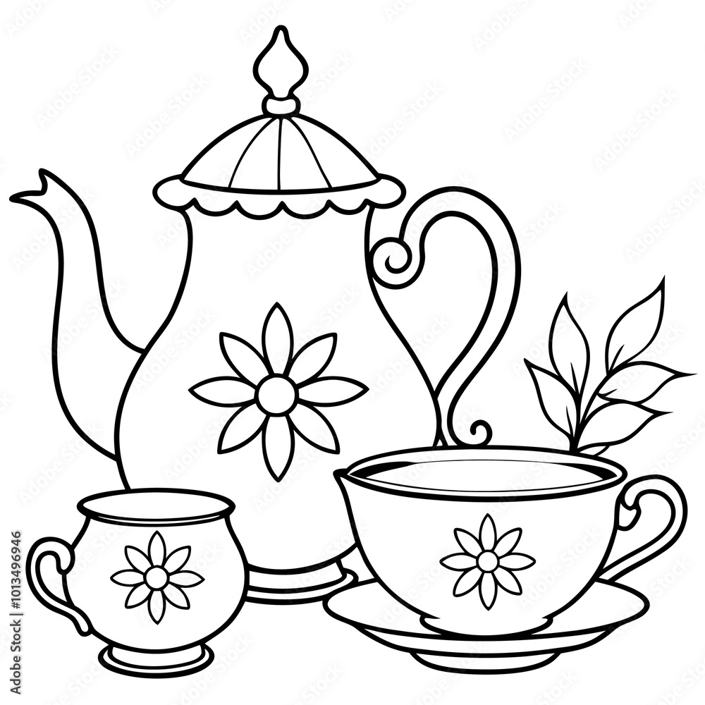 tea service with an elegant floral ornament outline coloring book page ...
