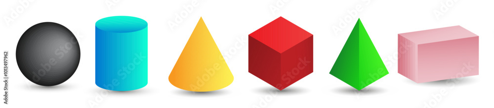 Set of 3d geometric shapes. Isometric views of sphere, cylinder, cone ...
