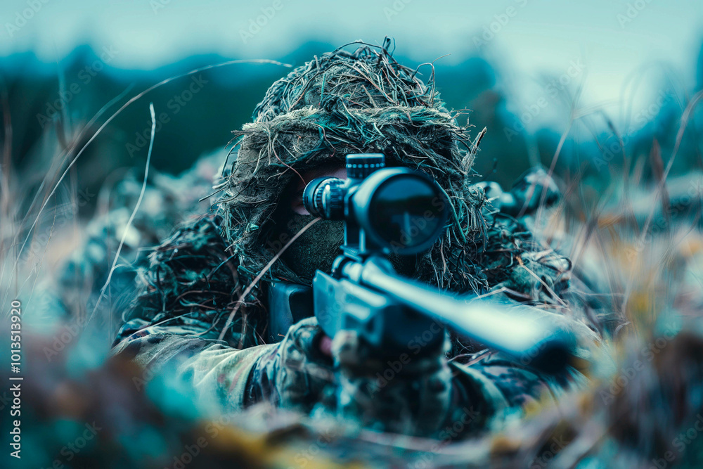 Special forces sniper soldier wearing ghillie suit laying on ground ...