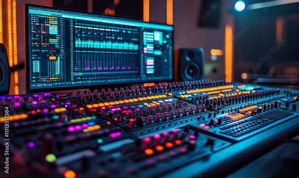 Shot of a Modern Music Record Studio Control Desk with Computer Screen ...