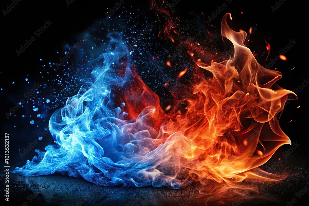 Abstract blue and red fire contrast on black background with flames and ...