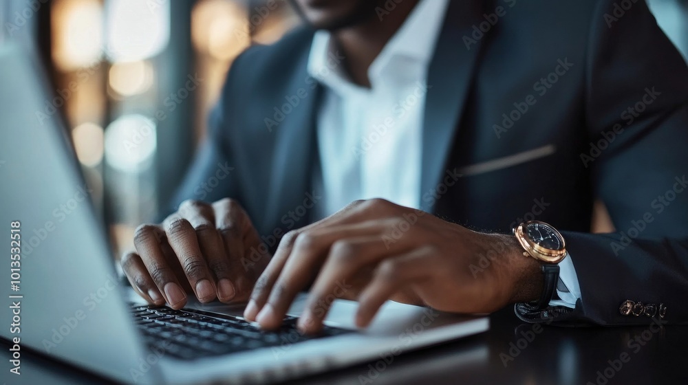 Black man typing on laptop computer, human resources. Ai illustration ...