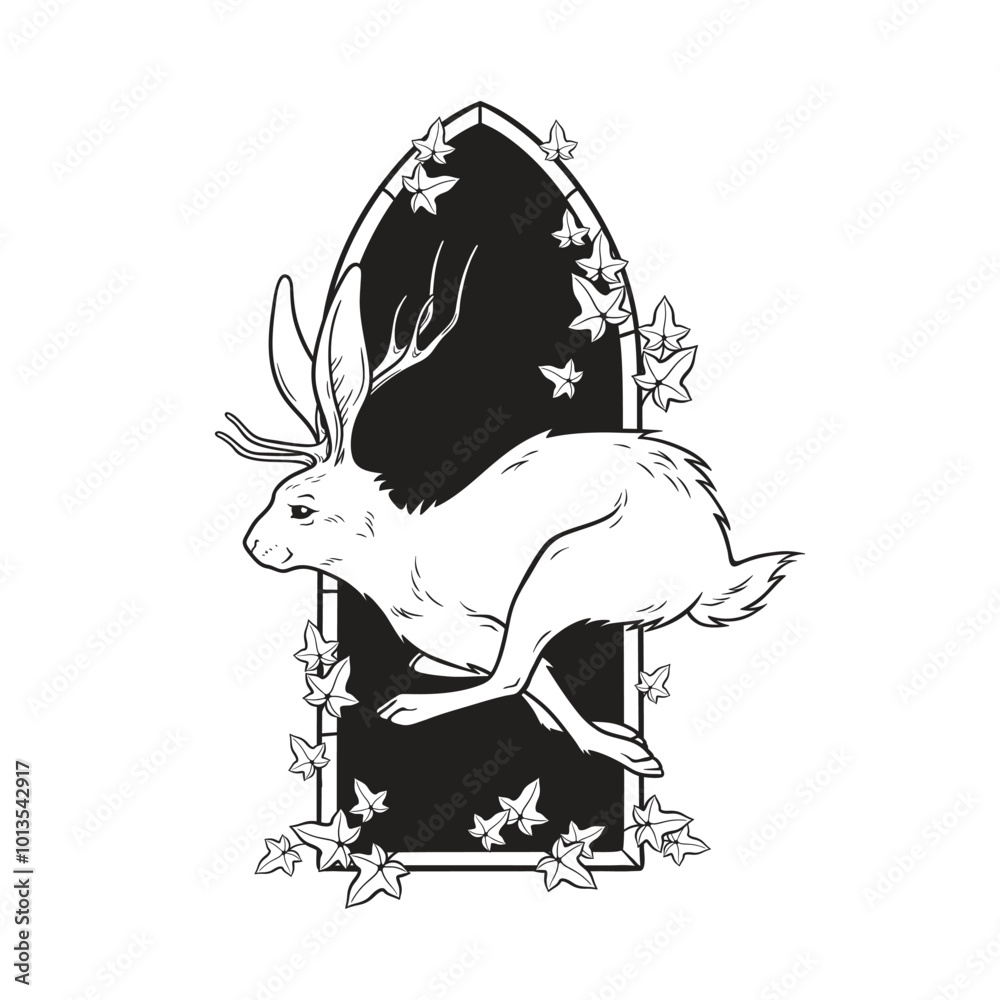Jackalope hare with horns folklore magic animal over gothic arch with ...