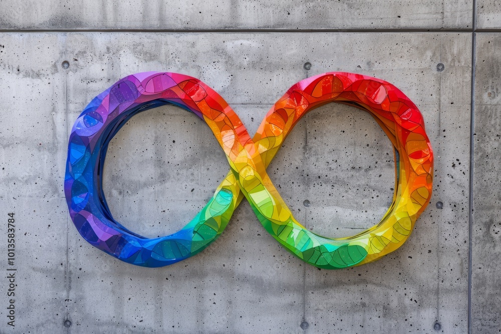 Rainbow-colored infinity symbol with DNA patterns against a concrete ...