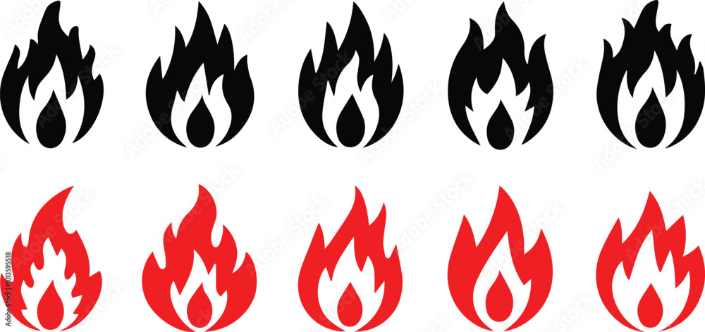 Set of Black and Red Fire Flame Icons in Two Rows on White Background ...