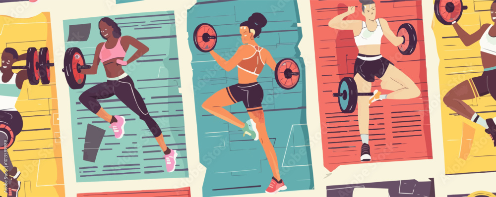 Fitness newspaper clippings set. Different workout routines collage ...