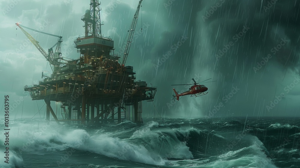 Offshore Oil Rig Battling Stormy Waves and Inclement Weather in the ...