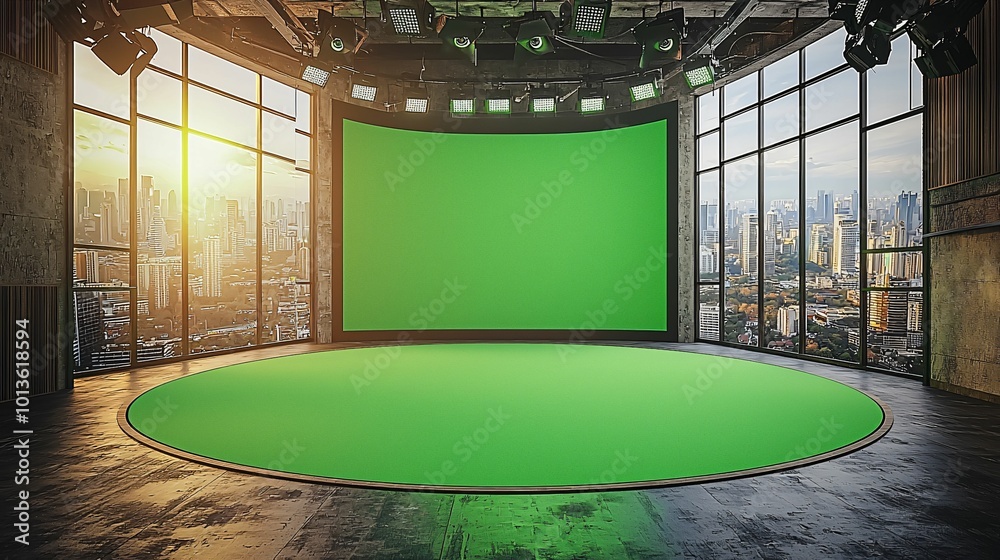 modern virtual TV studio featuring large green screen backdrop and ...